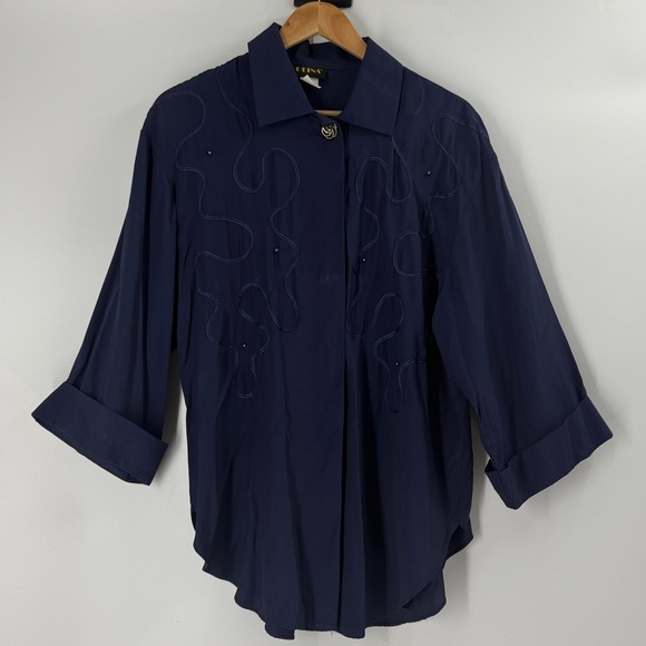Reina | Tops | Vintage Reina Flowing Button Down Navy Blue Blouse Top ...